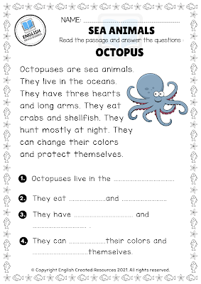 Sea Animals Reading Comprehension – English Created Resources