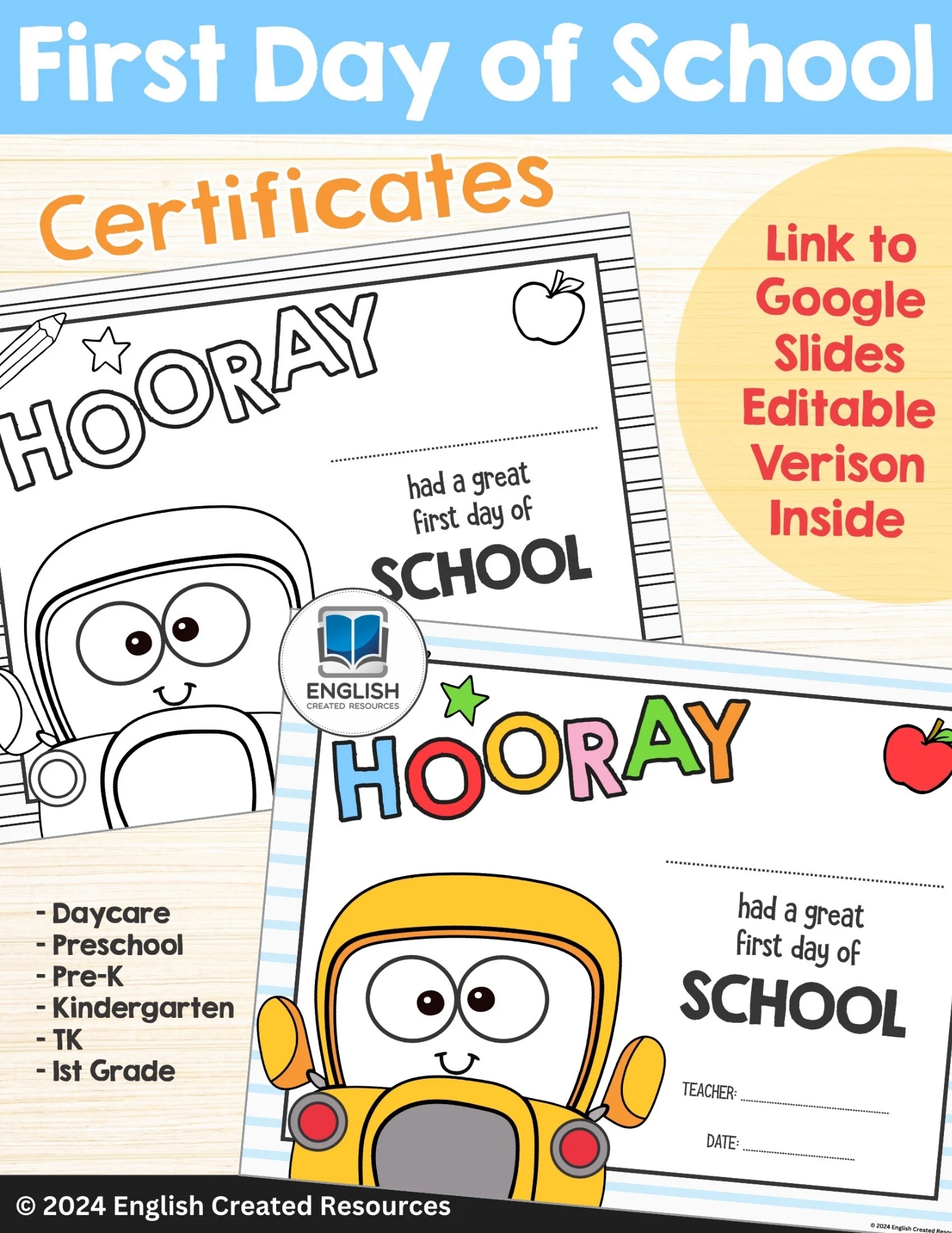 First Day of School Certificate – English Created Resources