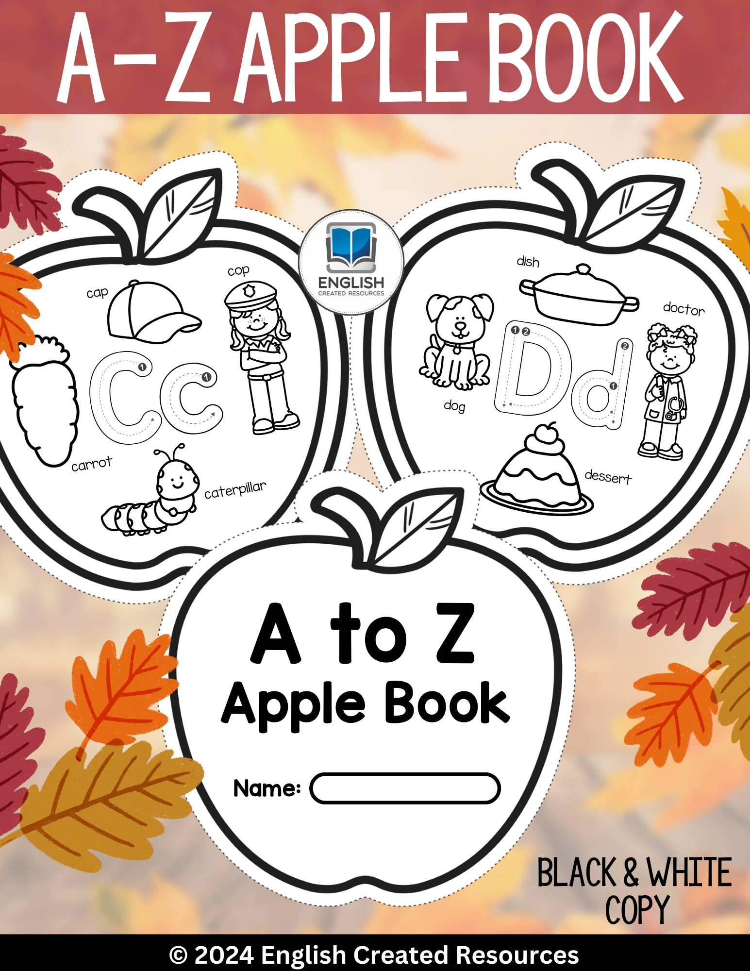 A to Z Apple Book Black And White – English Created Resources