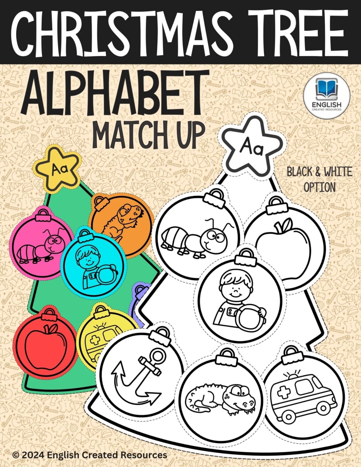 Christmas Tree Alphabet Match UUp Black and White – English Created ...