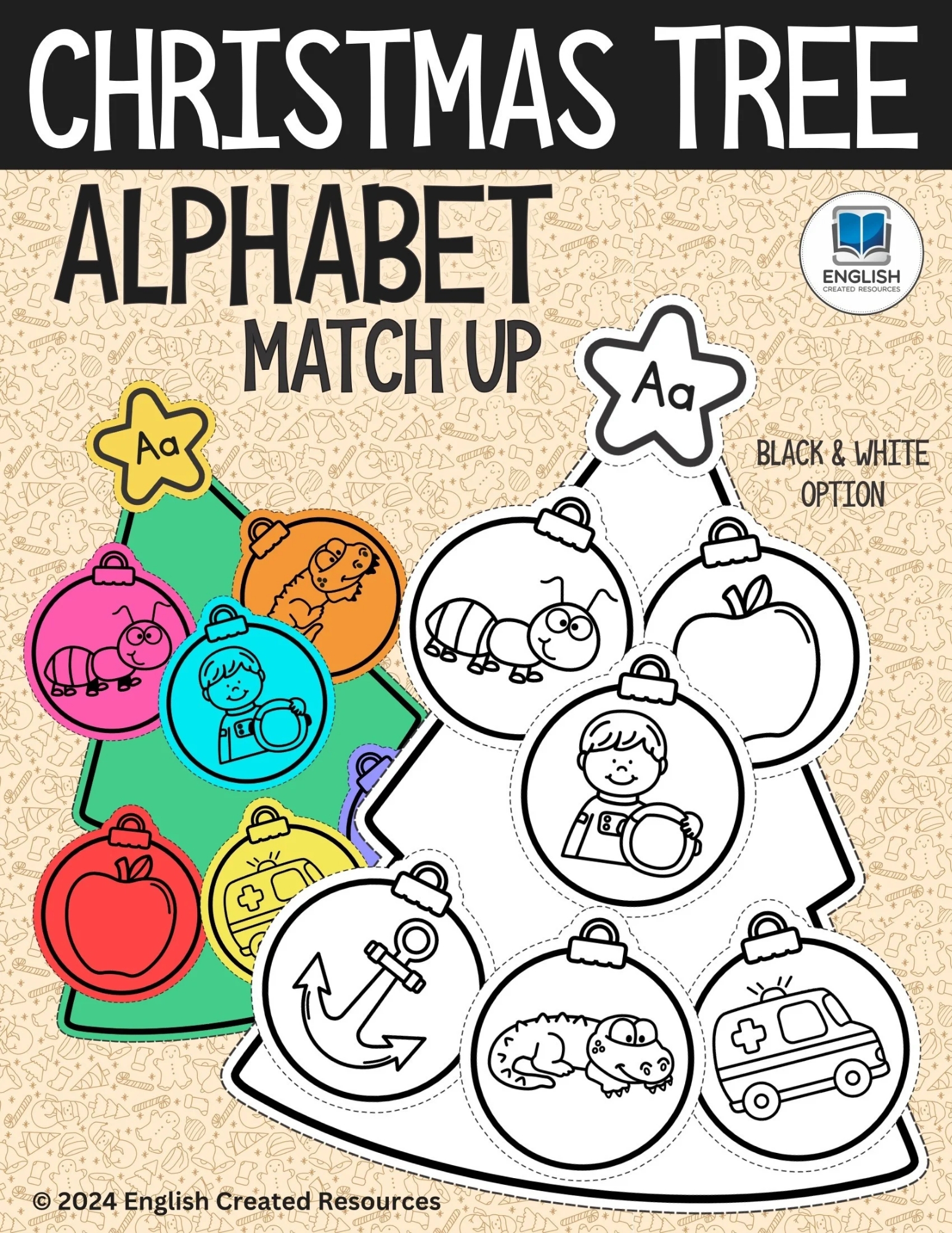Christmas Tree Alphabet Match UUp Black and White – English Created ...