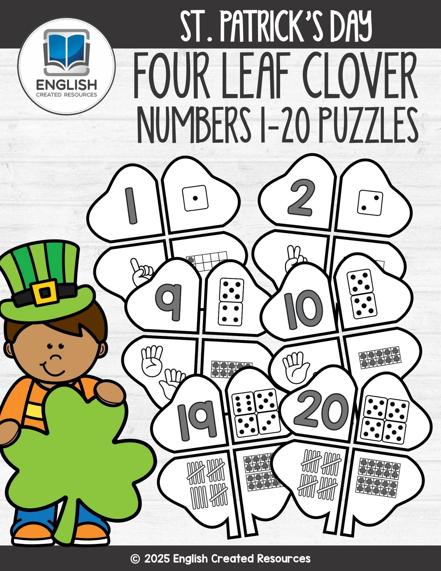 Four Leaf Clover Number Puzzles Black And White – English Created Resources