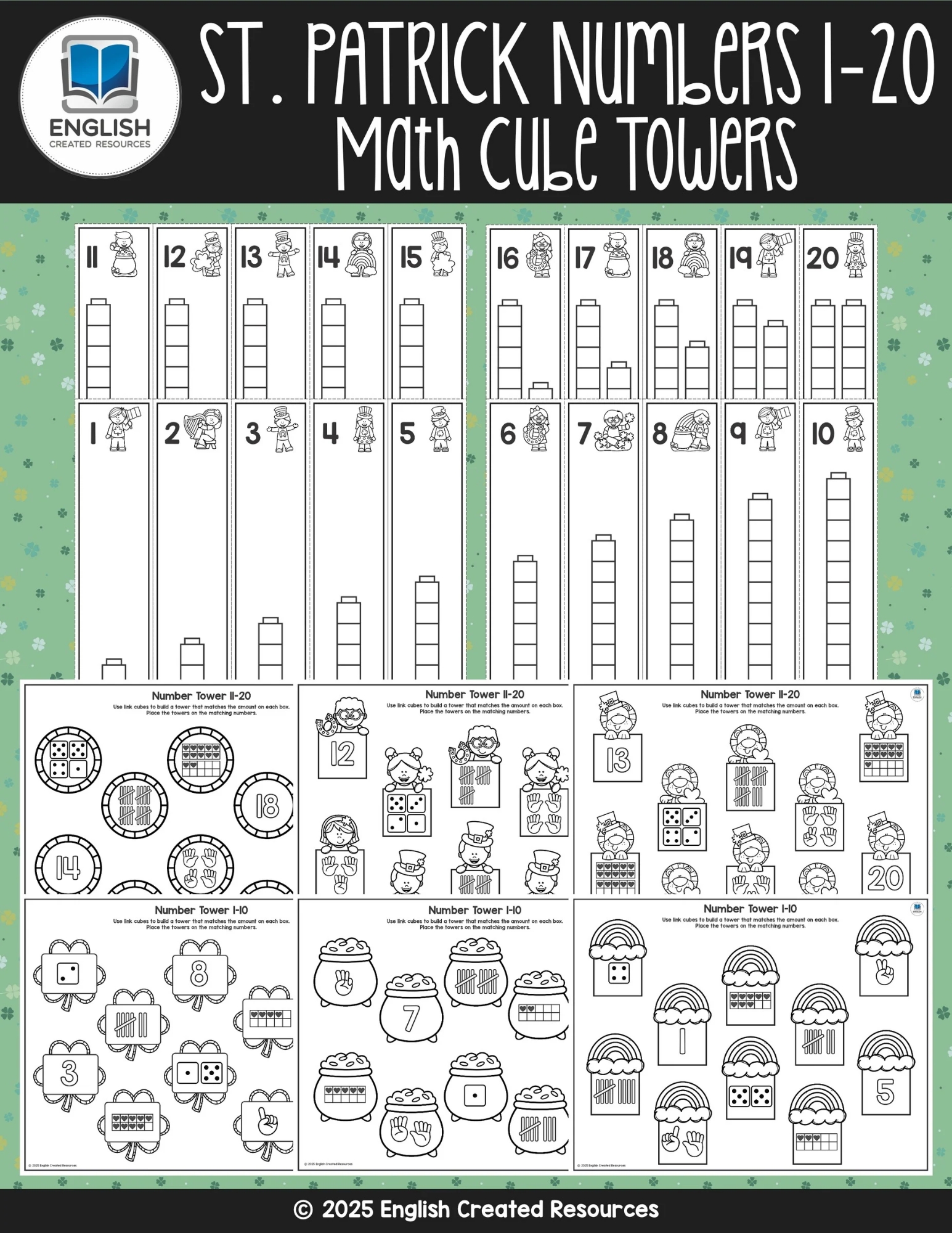 St. Patrick’s Day Math Cube Towers Black and White – English Created ...