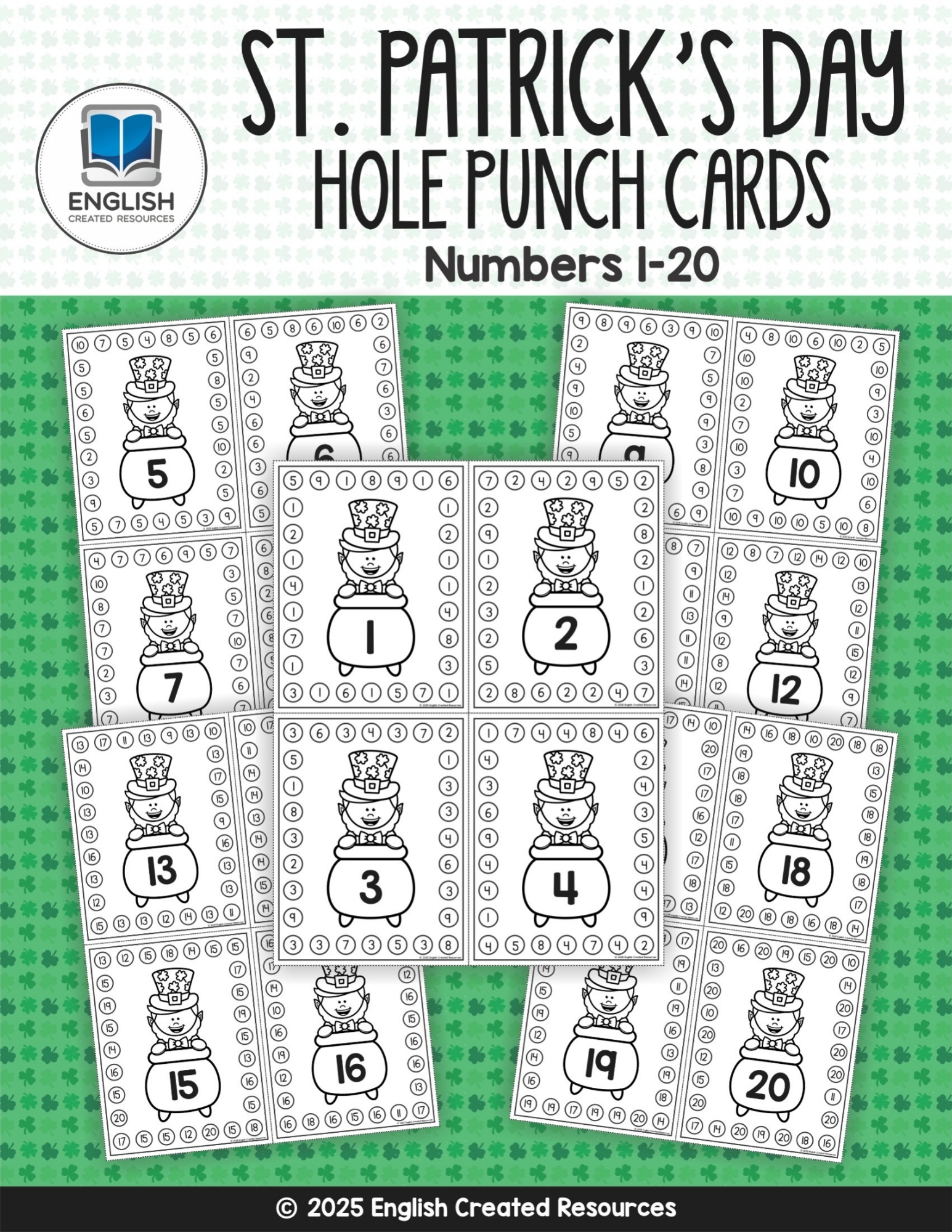 St. Patrick’s Day Numbers 1-20 Hole Punch Cards – English Created Resources