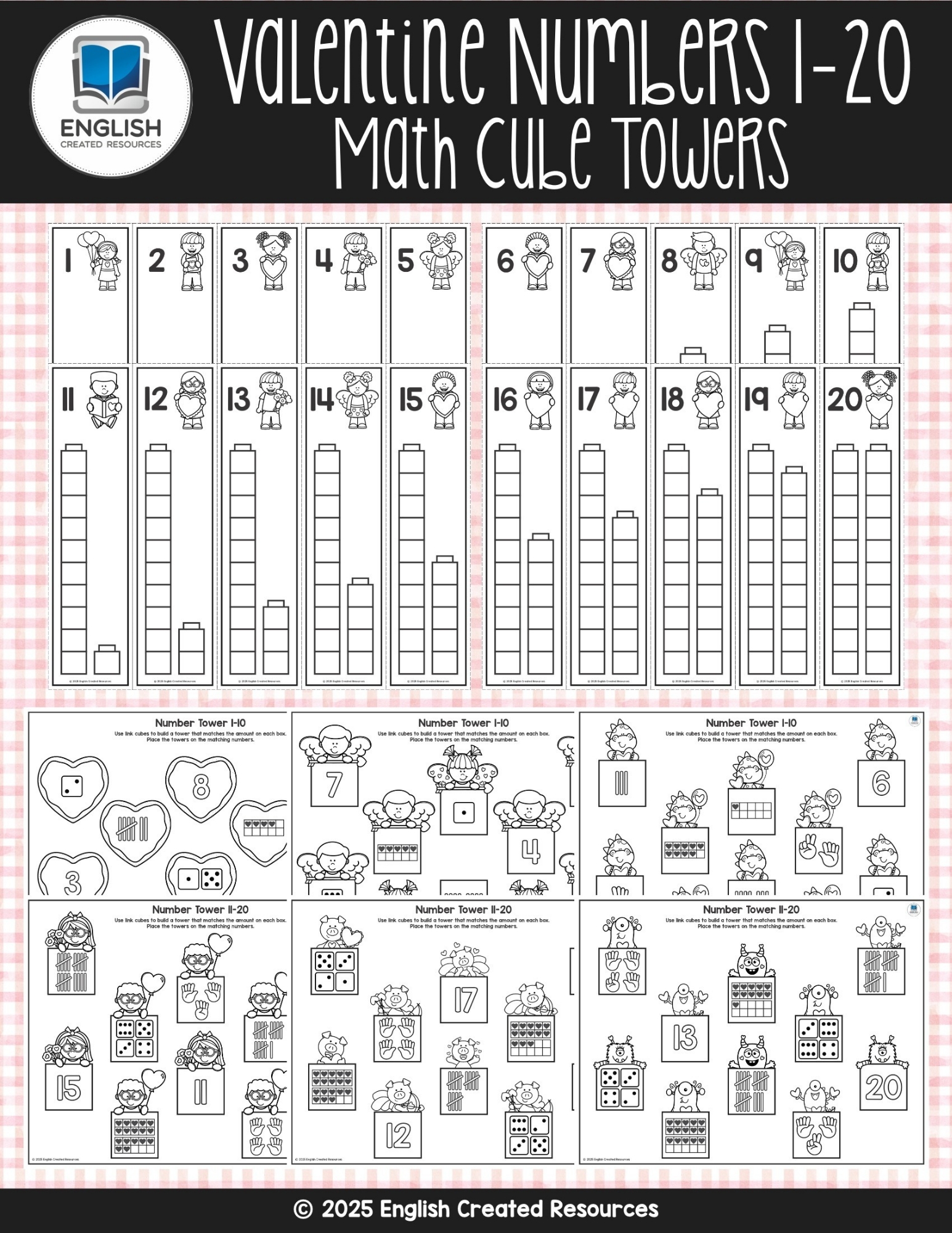 Valentine Numbers Math Cube Towers BW – English Created Resources