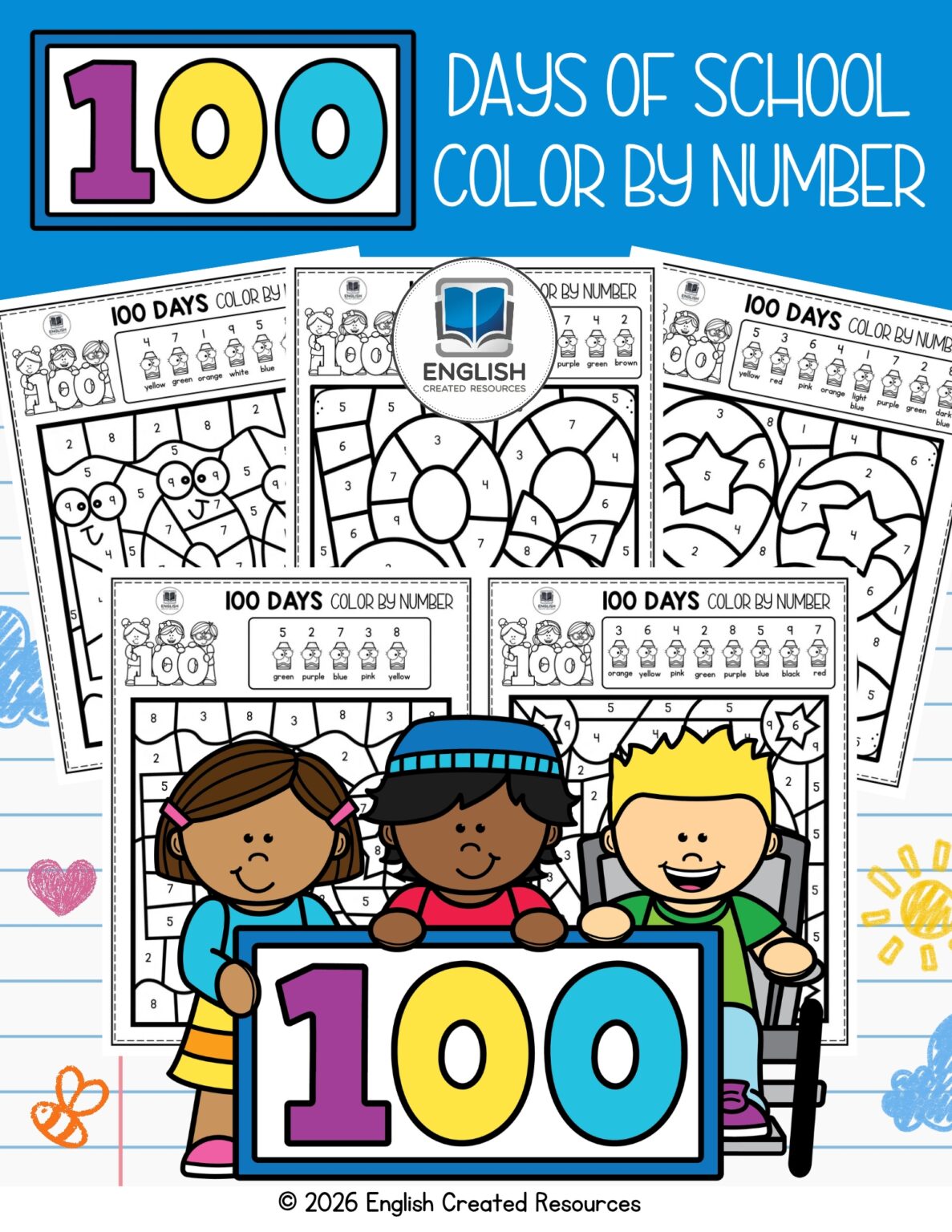 100 Days of School Color by Number – English Created Resources